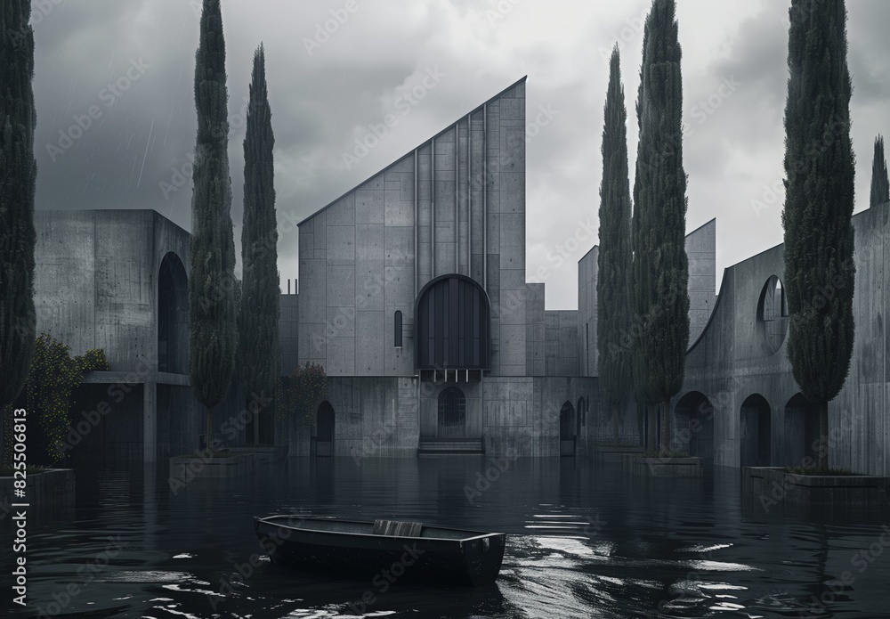 Realistic outdoor black and white photograph of a lake with a stark ...