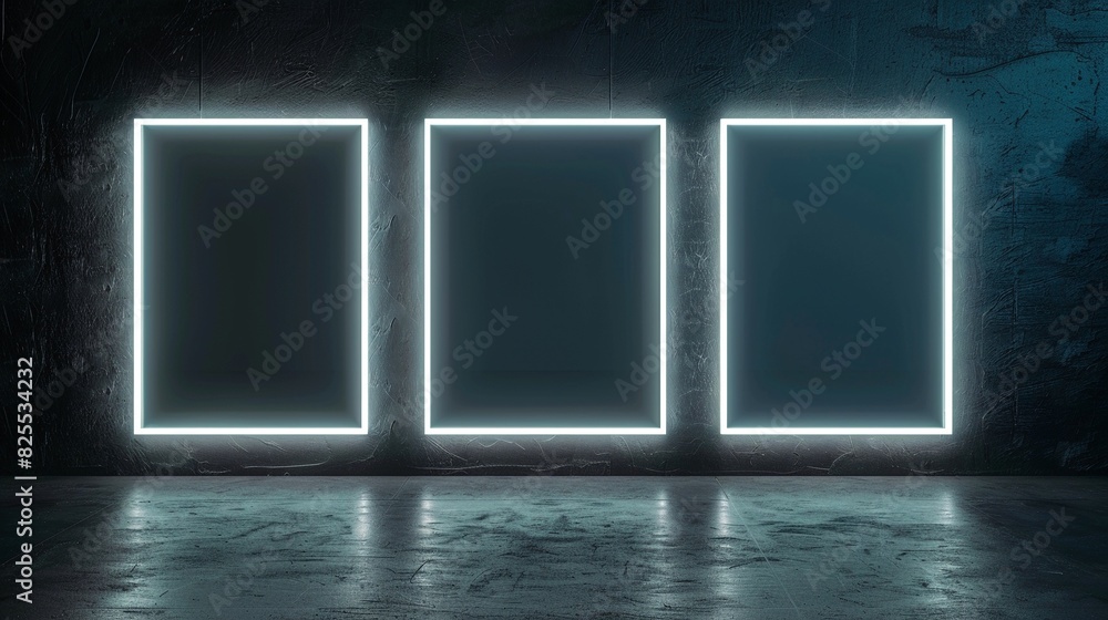Three rectangular neon frames set on dark background, customize ...