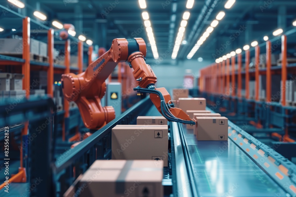 Automated robotic arm packing boxes in a modern warehouse Stock ...