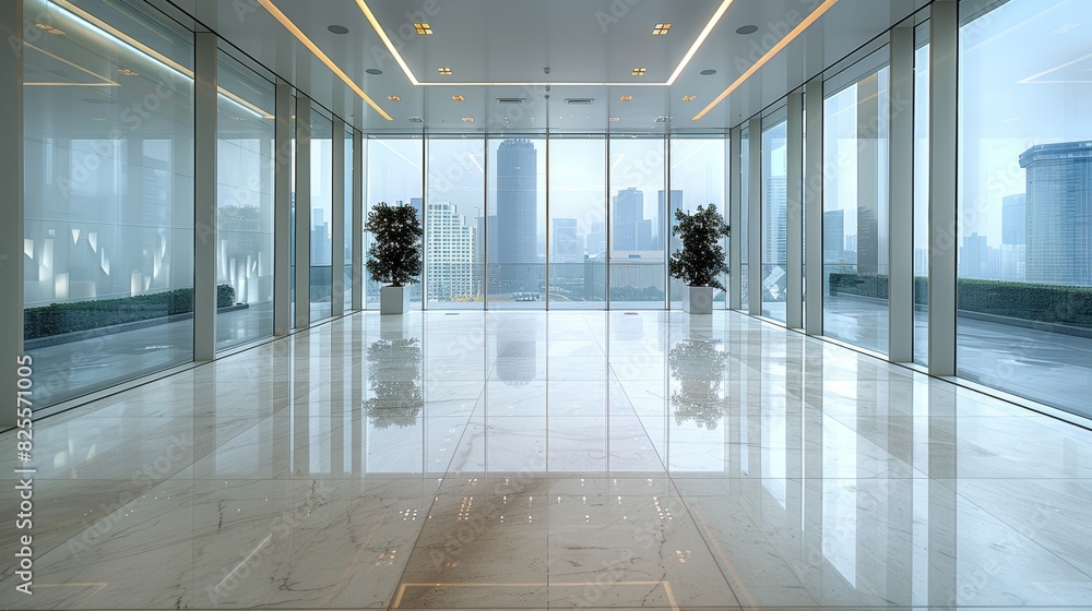 An elegant, modern office lobby with full-length glass windows offers a ...