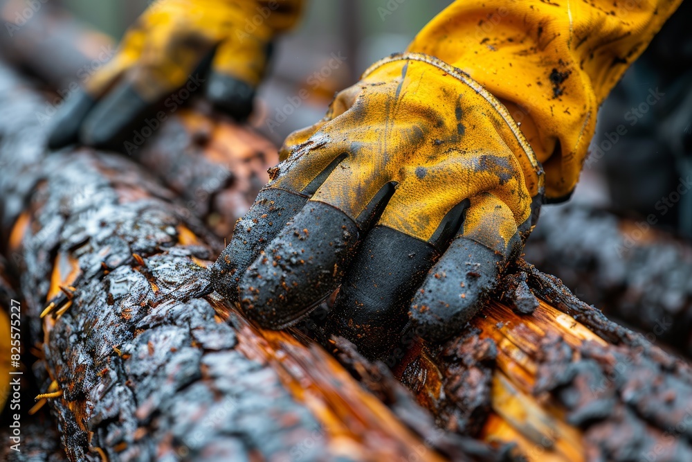Close-up shot of gloved hands handling timber logs, showcasing the ...