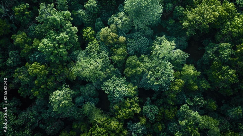 Overhead view of a secluded, raw forest landscape, illustrating the ...