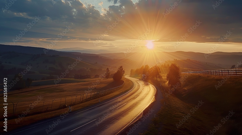 Beautiful sun rising sky with asphalt highways road in rural scene ...