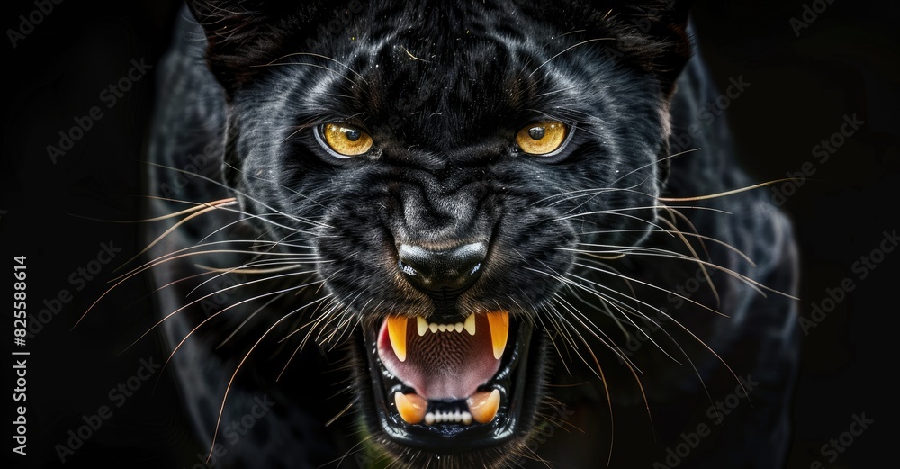 Black panther portrait with yellow eyes showing canine teeth with anger on a black background ...