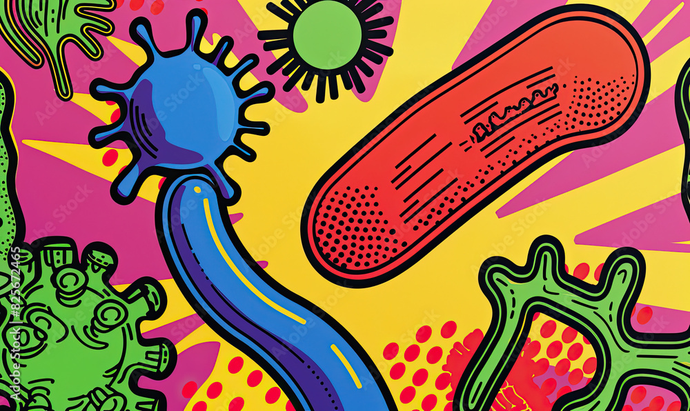 Pop art illustration of bacteria in bold primary colors with thick ...