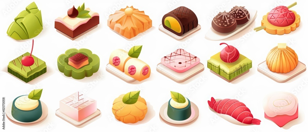 A fantastic isometric set of Japanese desserts like mochi and taiyaki ...