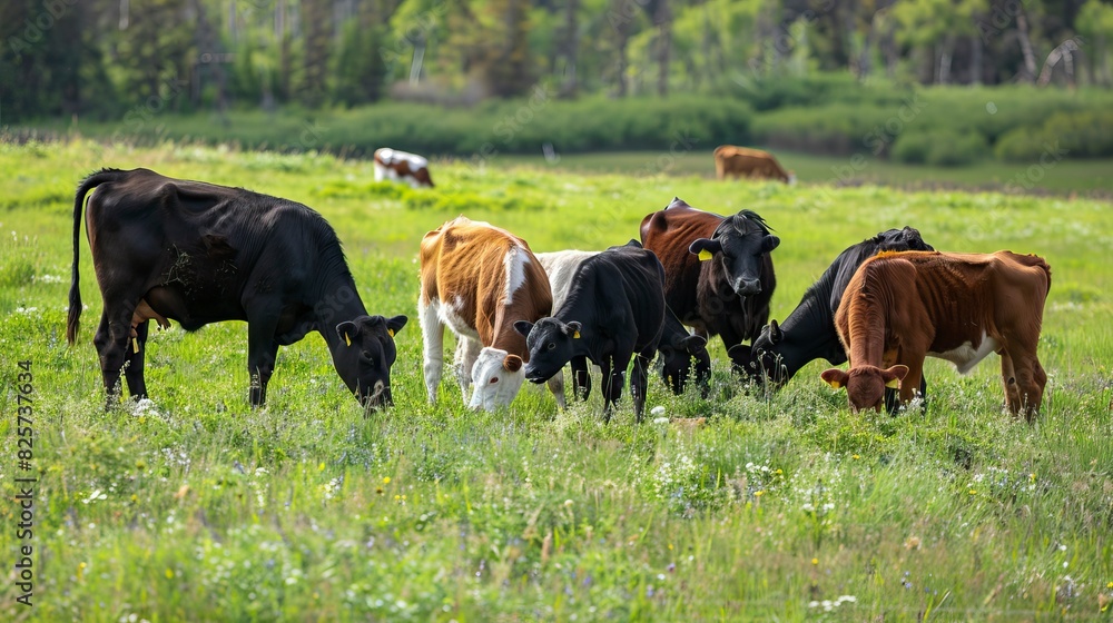 Cattle cows calves in the field outdoor outdoors grazing eating grass ...