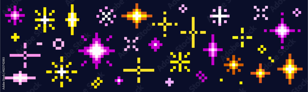 pixel art of Star icons. Twinkling stars. Sparkles, shining burst. Bengal fire. Burning shiny ...