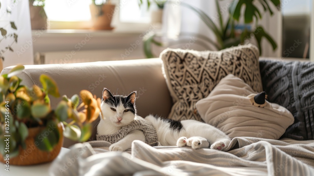 cat lounging on a couch, mimicking the relaxed posture of a real cat ...