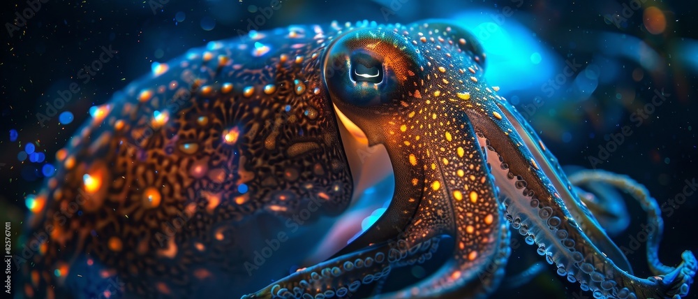 A vibrant bioluminescent cuttlefish glowing with multiple colors ...