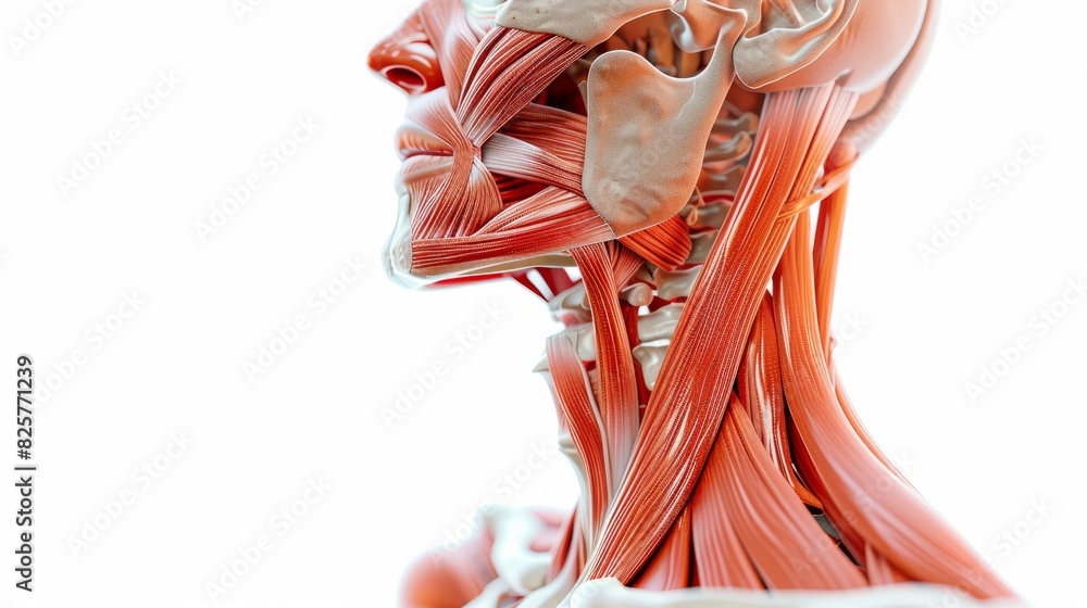 3D realistic illustration of the neck muscular system on a white ...