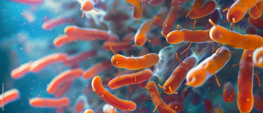 Microscopic view of rod-shaped bacteria swimming in a liquid medium ...