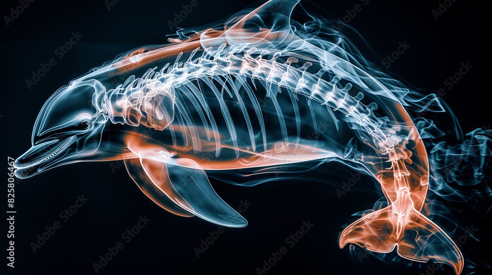 X-ray film of a dolphins fin detailing bone structure and alignment. X ...