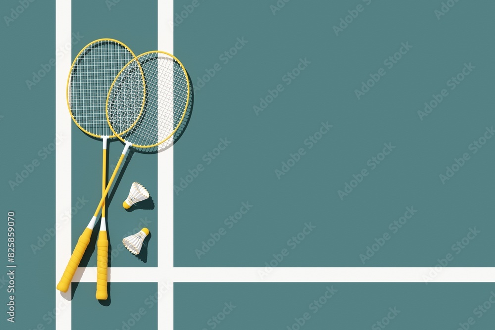 Badminton sport equipment's, bright yellow rackets and shuttlecocks on ...