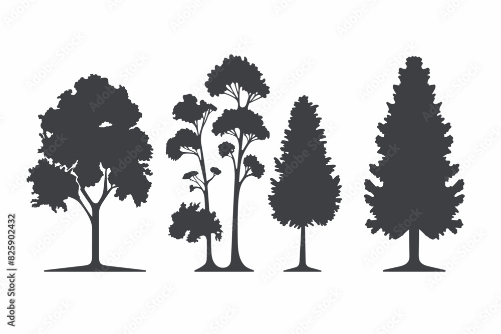 Silhouette tree set. Side view, set of graphic trees elements outline ...