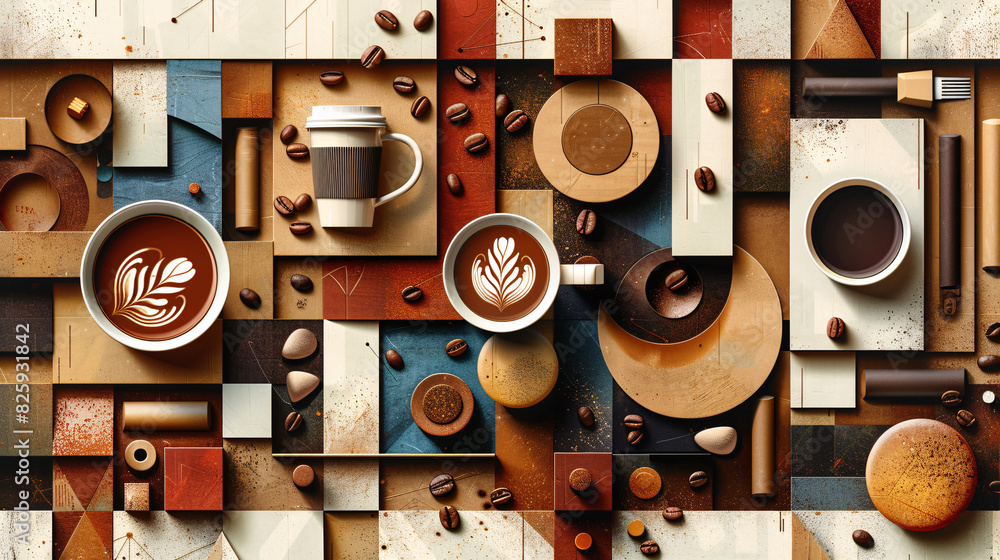 Geometric shapes and warm earth tones forming a dynamic backdrop, with ...