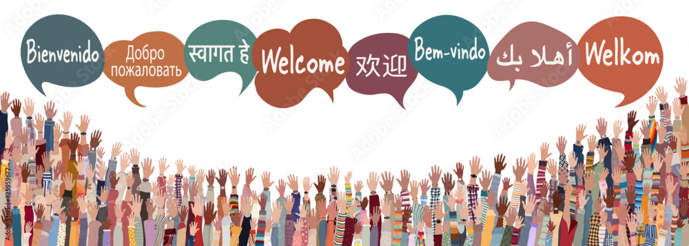 Hand raised of multicultural people from different nations and ...