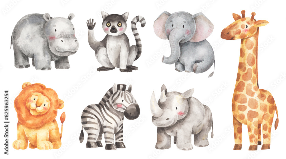 Cute rainforest animals set. Watercolor children illustrations isolated ...