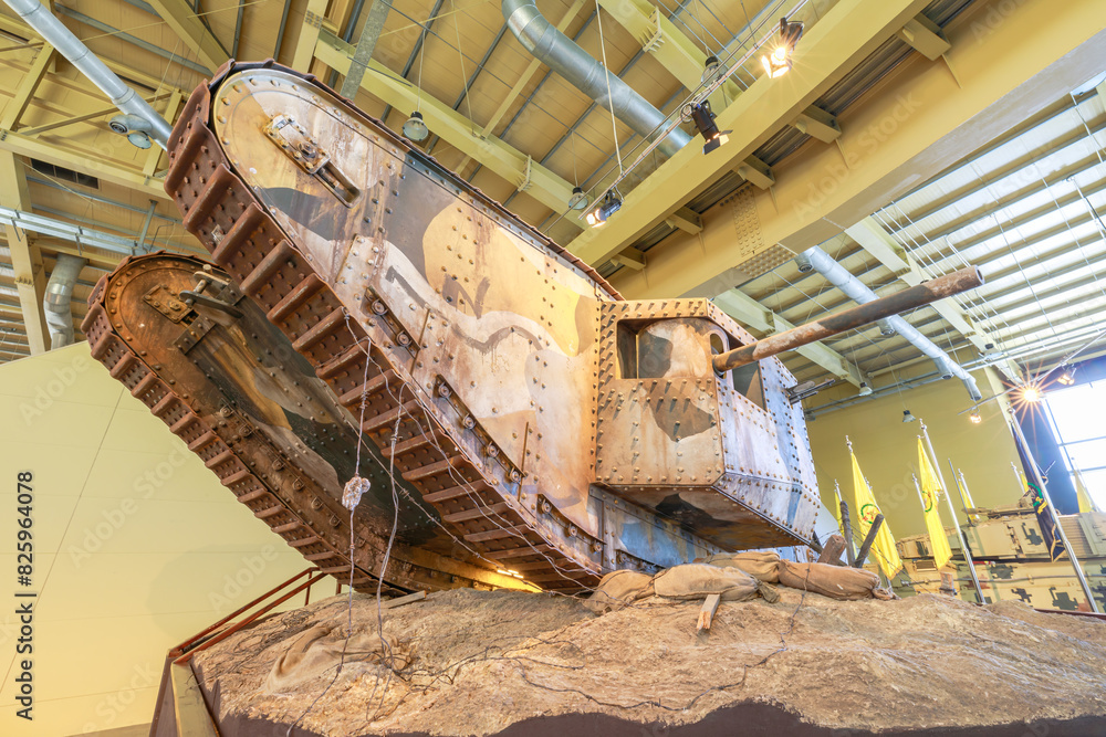 Royal Tank Museum, Amman, Jordan - May 4, 2024: Bottom view of a vintage Mark I tank, exhibited ...