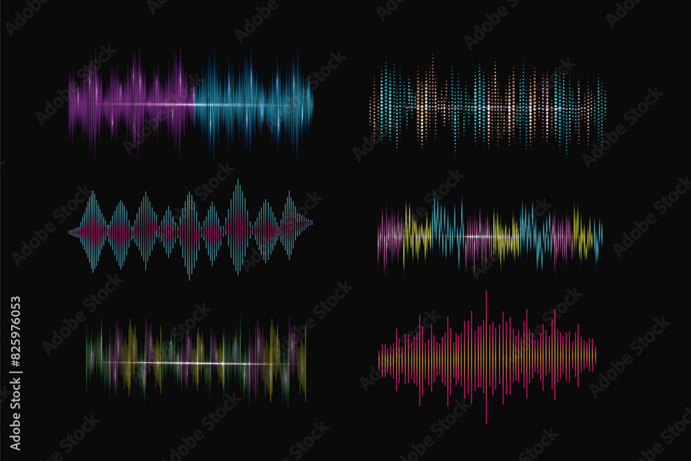 Sound waves. Frequency audio waveform, music wave HUD interface ...