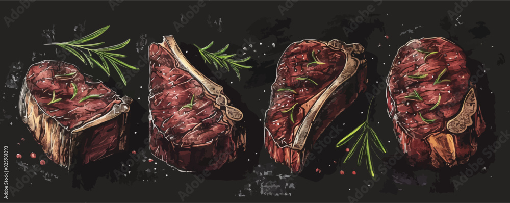 Hand drawn cuts of beef. Grilled meat sketch. Steak house, grill ...