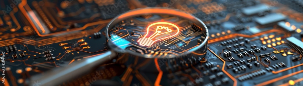 Detailed analysis of technology, a magnifying glass uncovering a ...