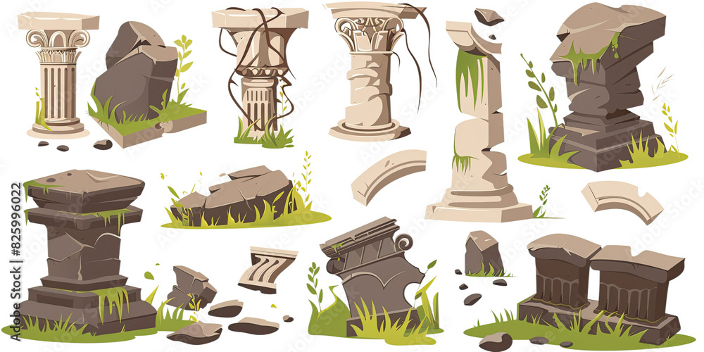 Set of ancient ruins featuring destroyed architecture and monuments ...