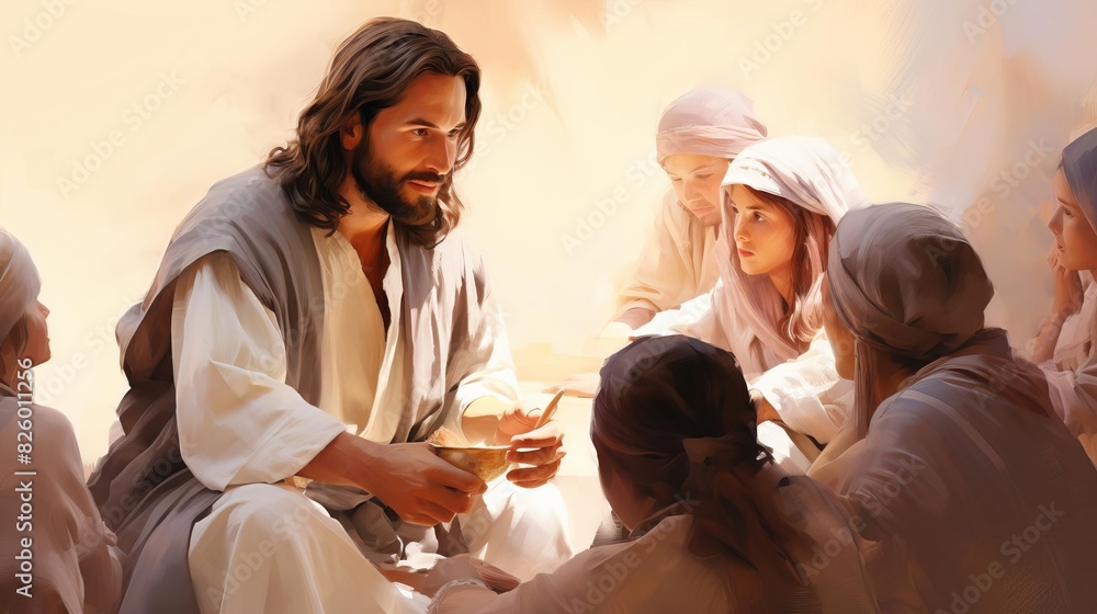 A photorealistic digital painting portraying the iconic scene of Jesus ...