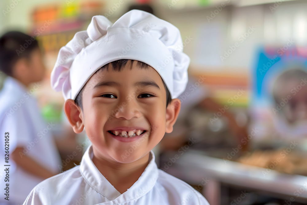 Elementary school students smile and wearing white cook suit in the ...