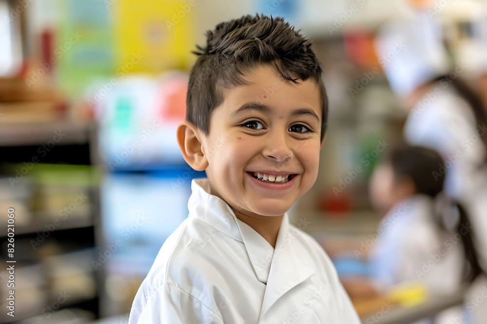 Elementary school students smile and wearing white cook suit in the ...