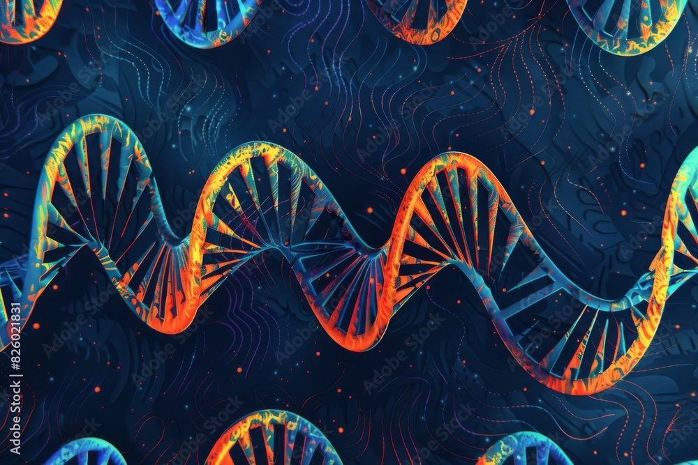 Surreal DNA strands in neon orange and blue, floating in a virtual ...