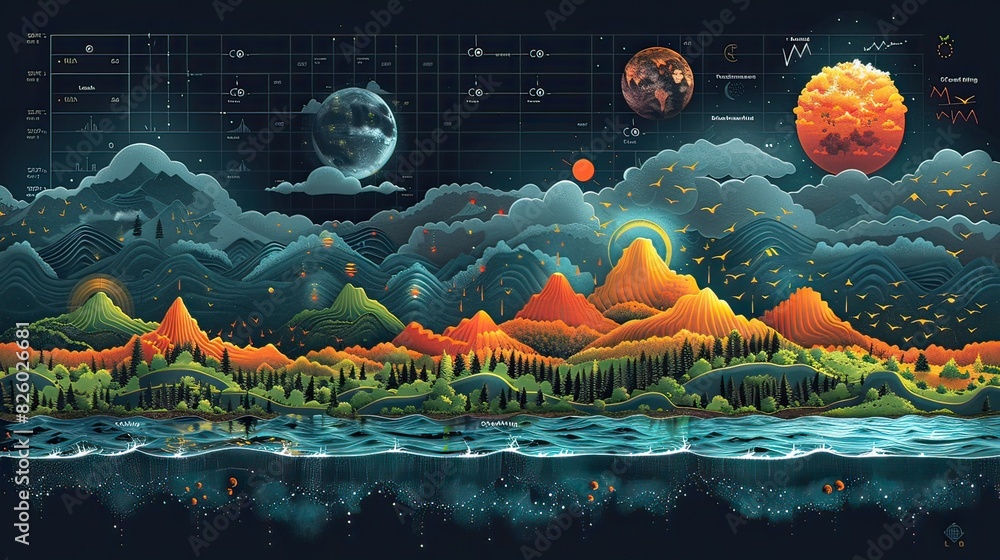 Ilustração Climate change impact infographic, charts of CO2 levels, sea ...