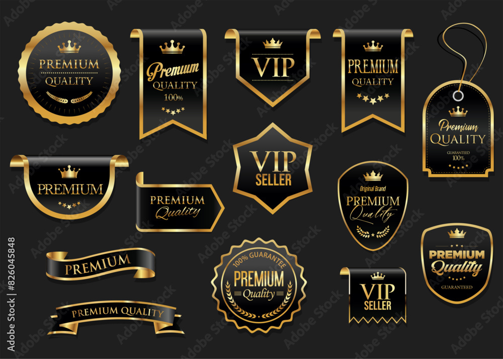 Golden luxury labels and badges gold premium quality certificate ...