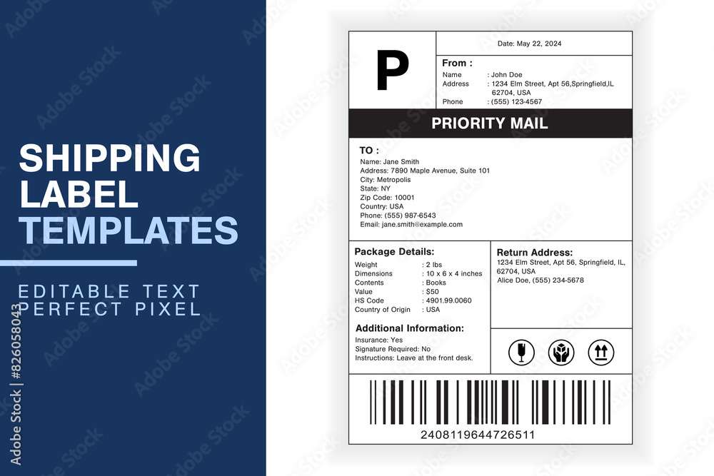 Simple Custom Shipping Label Design Template with Sender, Recipient ...