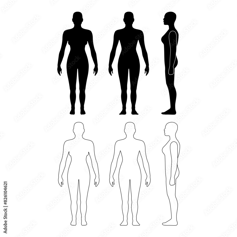Full length front, back, side view of a lean bald standing naked woman ...