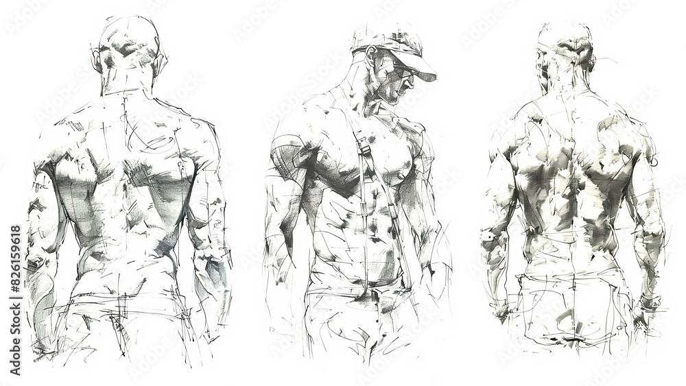 A collection of sketches a man in 3 different anatomy poses and ...