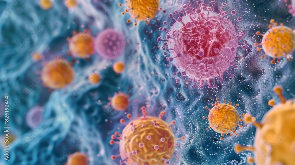 Viruses under a microscope. Vibrant blurred background. Microbiology ...