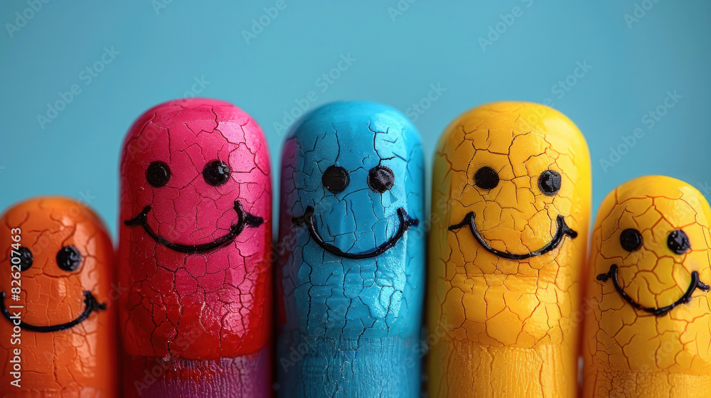 Expressive fingers wearing cheerful smiley faces, a canvas of ...