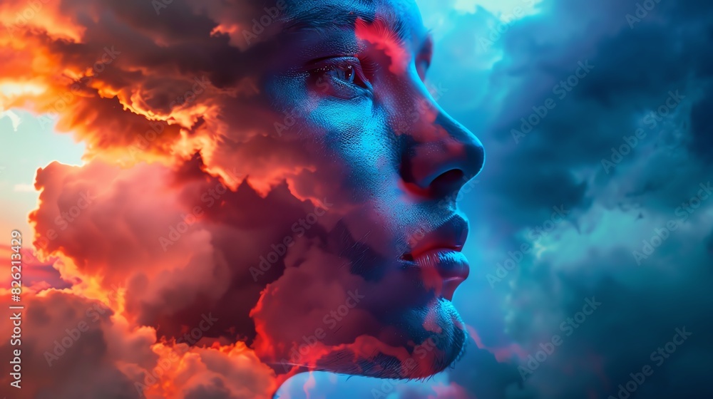 Surreal digital art featuring a human face blending with vibrant clouds ...