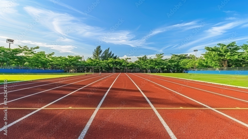 High school track and field ground, red running tracks with white lines ...