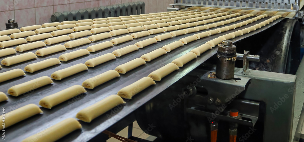 Mass production of bread rolls in an industrial bakery conveyor belt ...