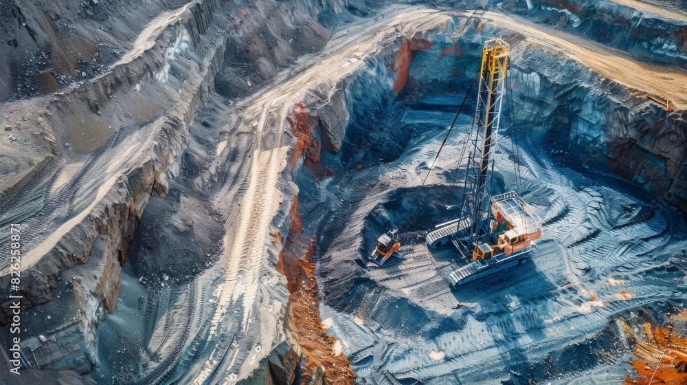 Heavy machinery operates in a deep, open-pit mine during the day ...