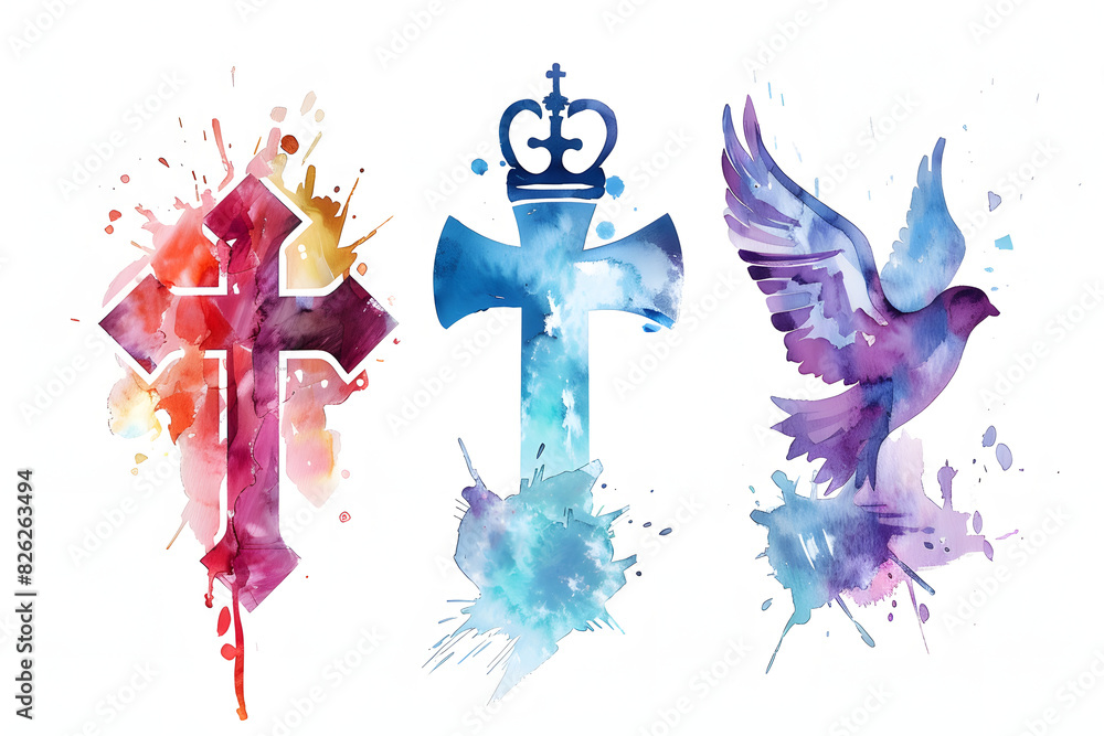 Holy Trinity symbols. Cross, crown and dove of Holy Spirit. Watercolor ...