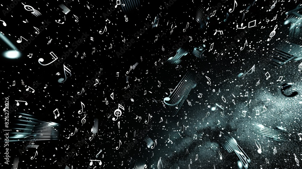 Dreamy musical notes floating gracefully against a starry black ...