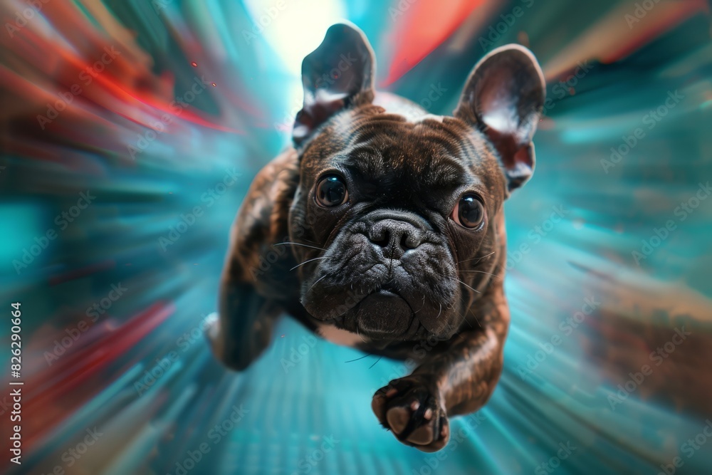 A [french bulldog] is flying in the air. With a cyberpunk style and ...