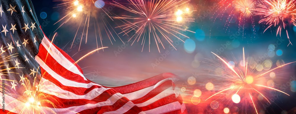 Independence Day - Usa Flag And Fireworks At Night - Abstract Bokeh ...