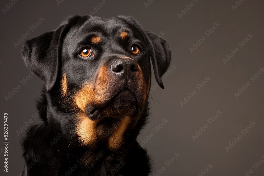 In a studio photo portrait, a majestic Rottweiler is captured looking ...