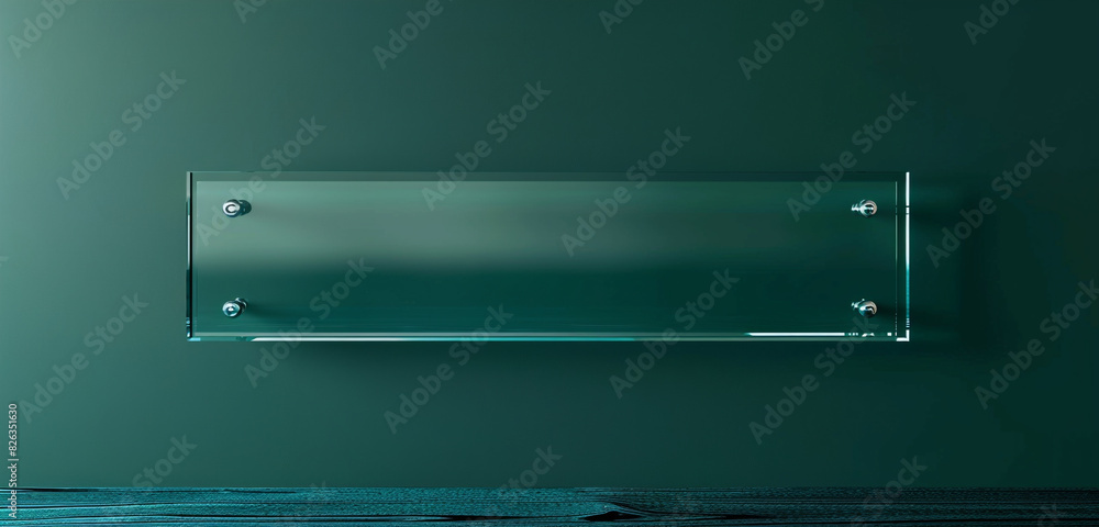 Glass name plate mockup on a deep sea green wall, transparent ...