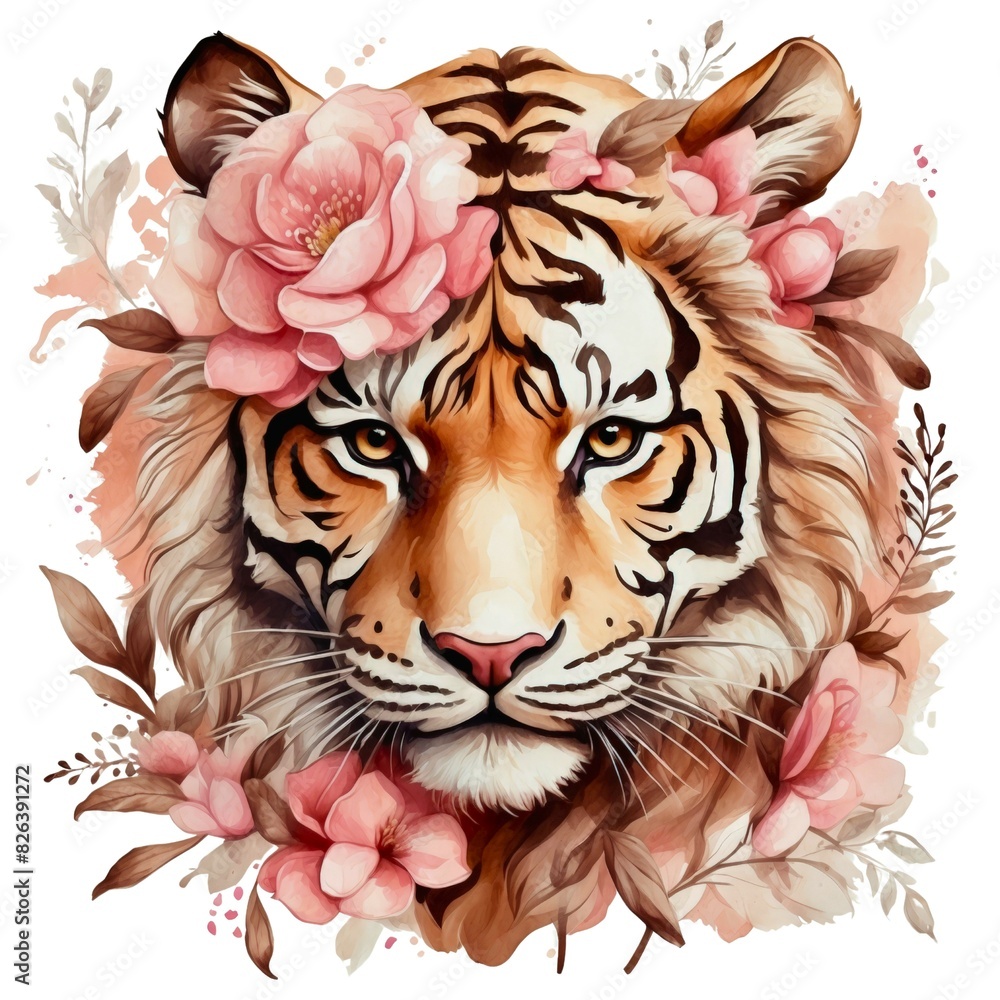 Watercolor illustration portrait of a cute adorable tropical wildcat ...