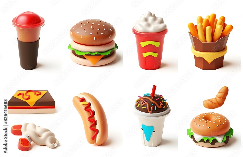 set of icons, fast food icons in the style of plasticine, white ...